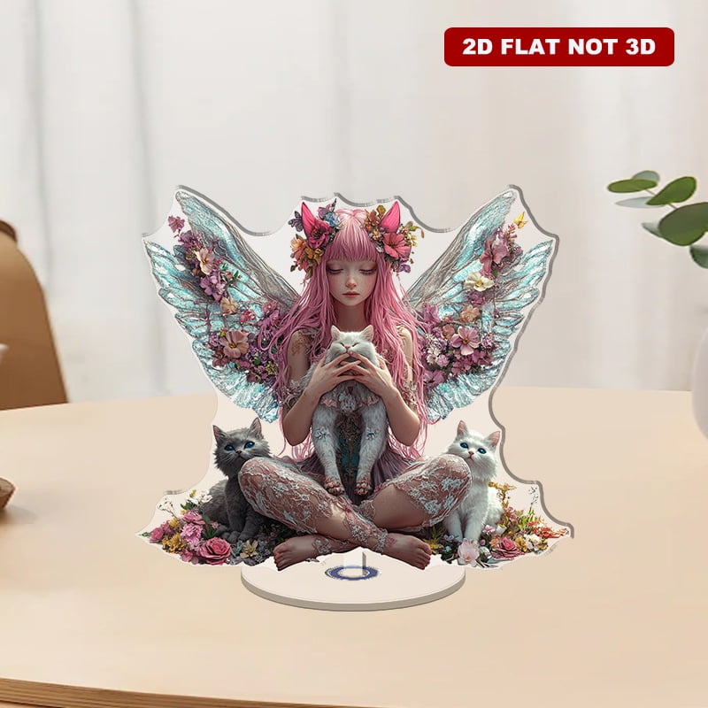 A rotating acrylic display features a pink-haired fairy with cats surrounded by flowers in ...