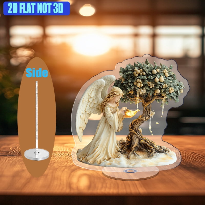 A rotating acrylic display features a serene angel pouring glowing ...