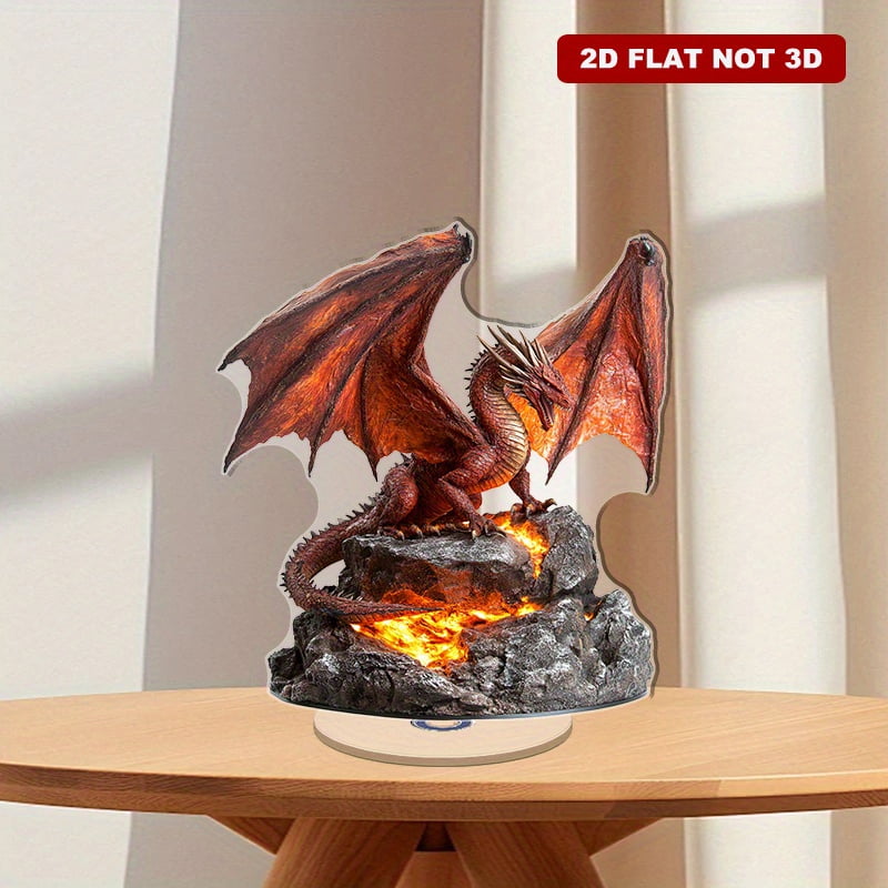 A rotating acrylic display features a striking red dragon with wings spread, breathing fire atop ...