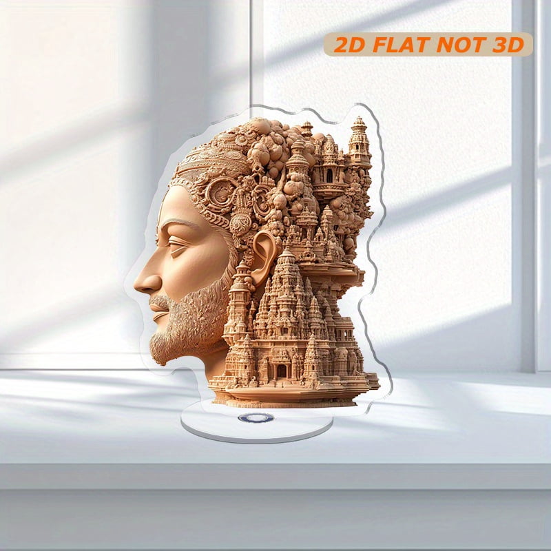 A rotating acrylic display featuring a Jain monk's profile and ...