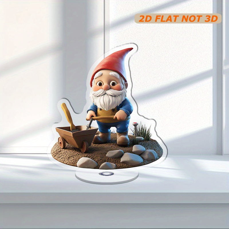 A rotating acrylic display featuring a kind-hearted gnome in a garden ...