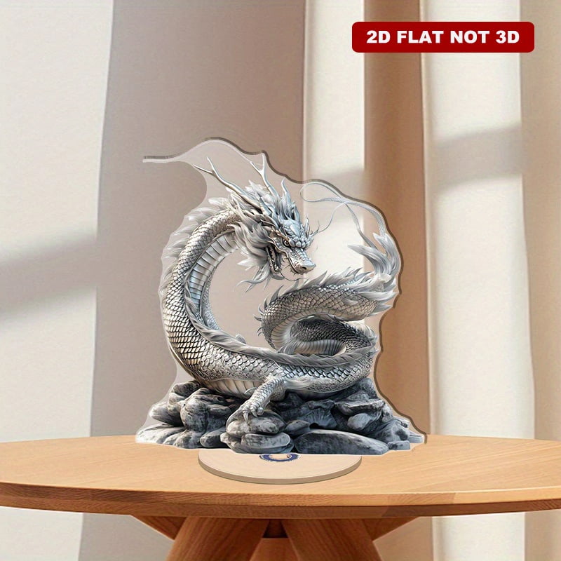A rotating acrylic display featuring a majestic silver dragon coiling ...