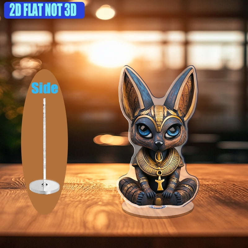 A rotating acrylic display featuring a polished wooden Anubis sculpture ...