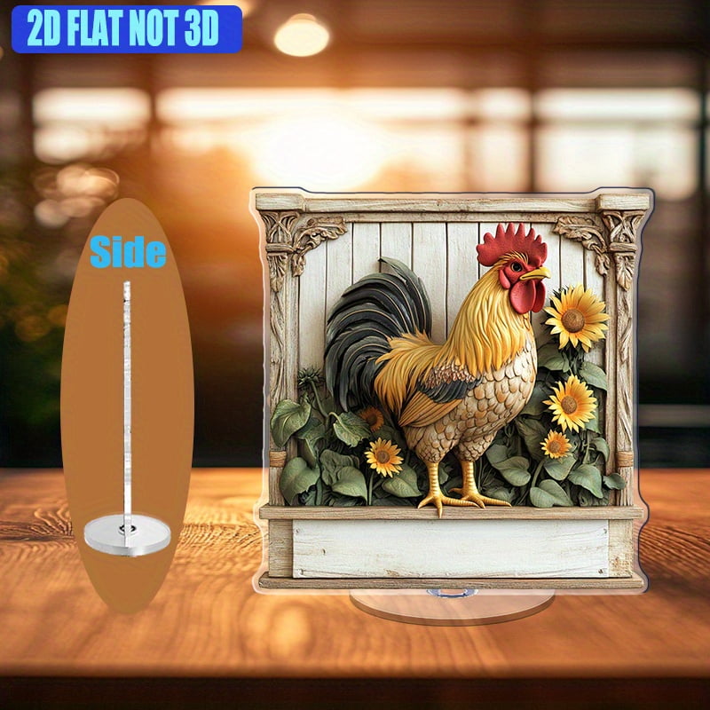 A rotating acrylic display featuring a rooster crowing on a carved ...