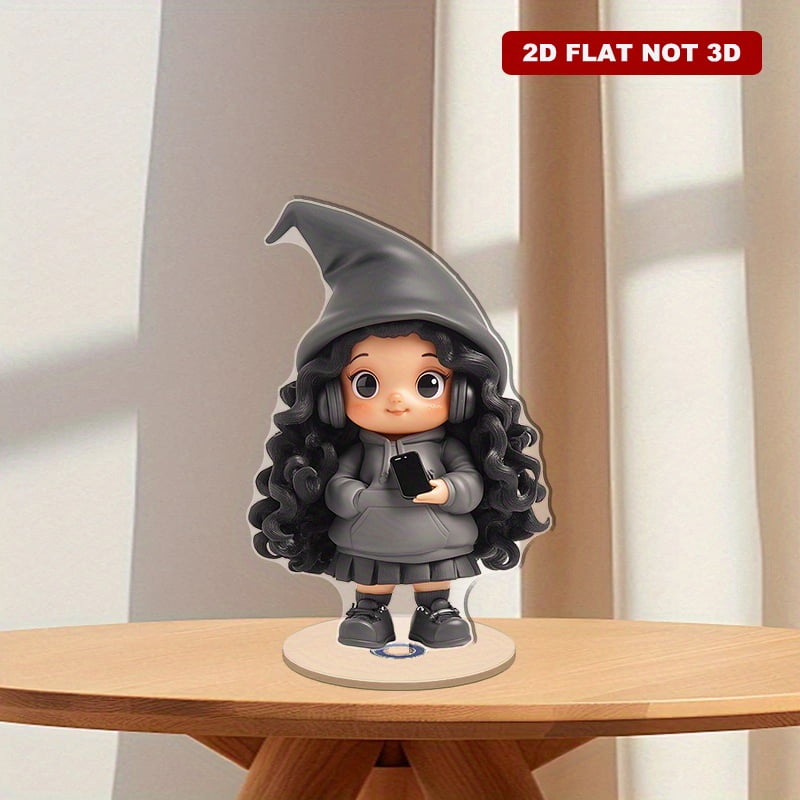 A rotating acrylic display featuring a whimsical garden gnome girl with ...