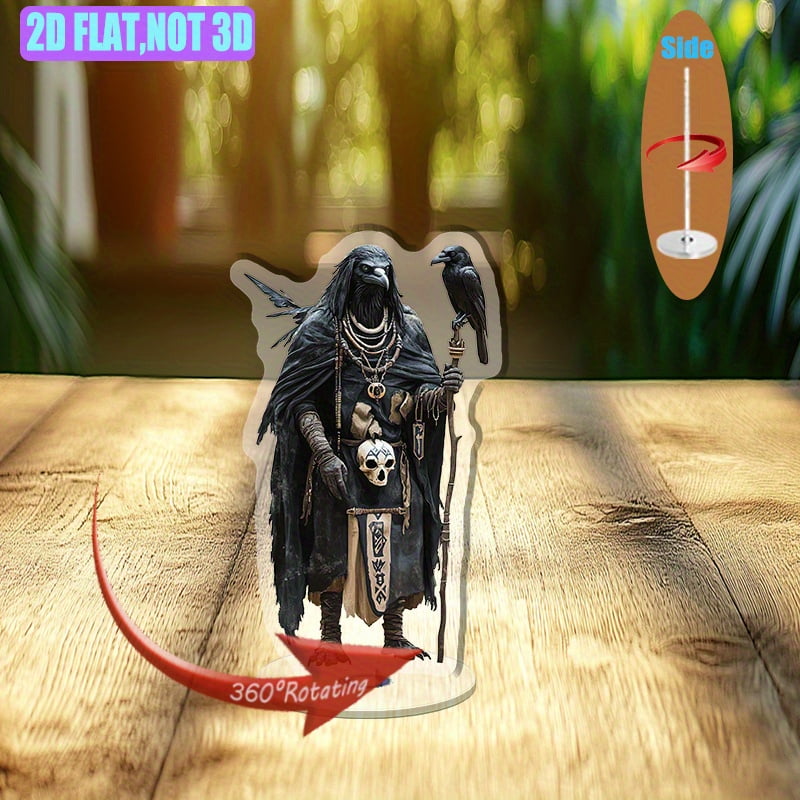 A rotating acrylic figurine of a tribal raven shaman adorned with a ...