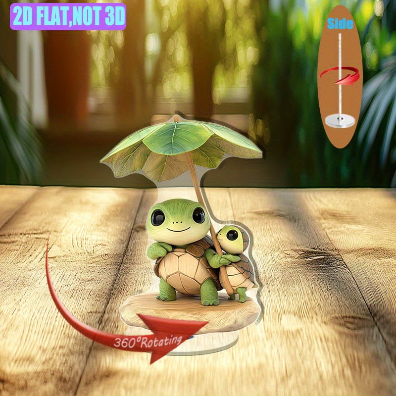 A rotating acrylic ornament featuring a cute wooden turtle with a leaf ...