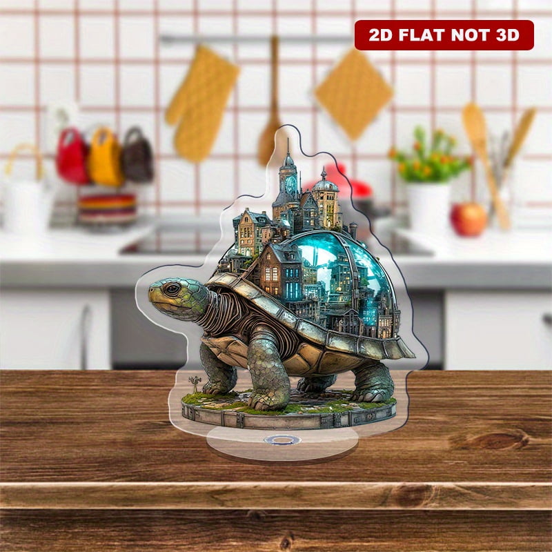 A rotating acrylic ornament featuring a detailed turtle carrying a ...