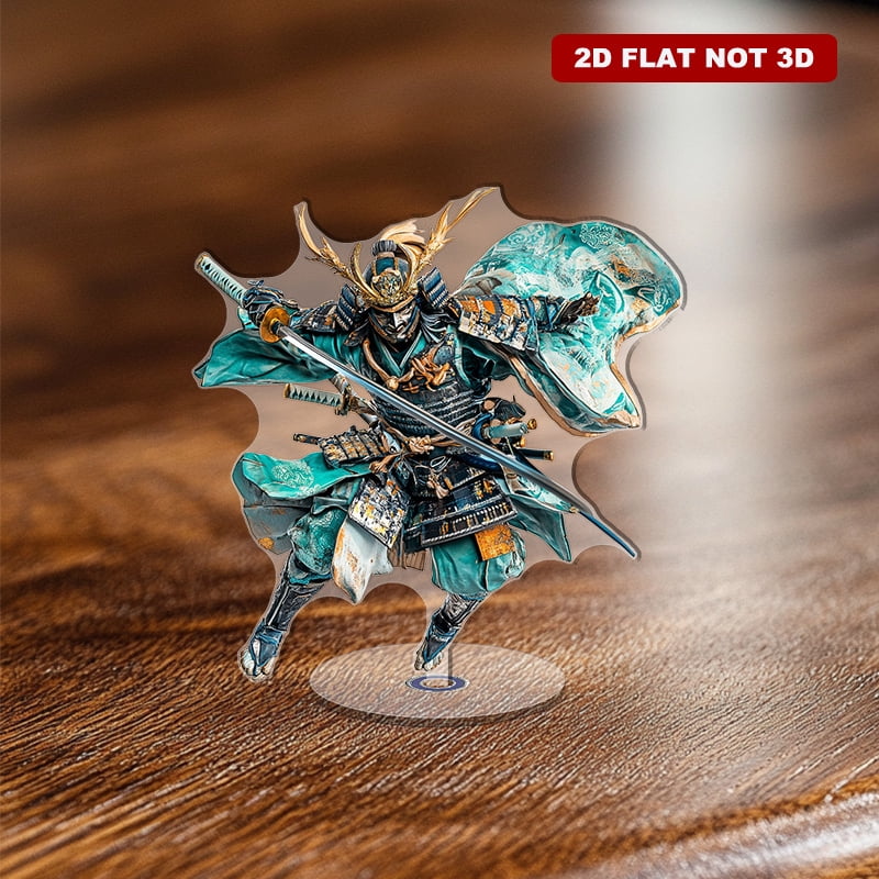 A rotating acrylic ornament featuring a turquoise gilt samurai and a ...