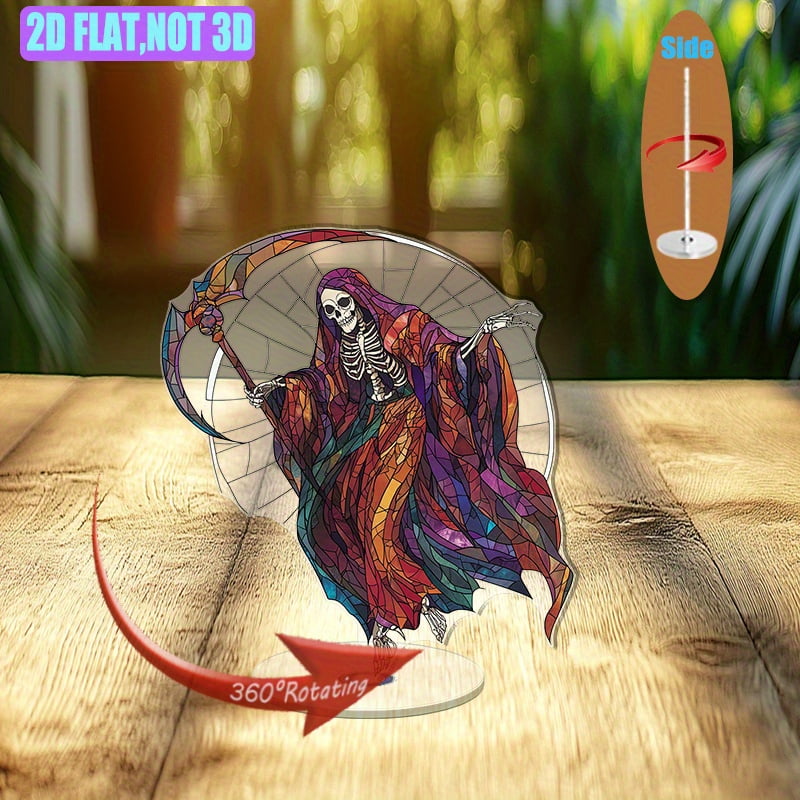 A rotating acrylic ornament featuring a vibrant female grim Reaper with ...