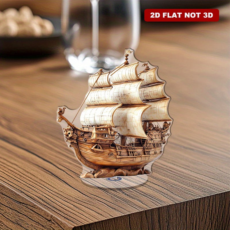 A rotating acrylic sculpture of a majestic pirate ship with three masts ...