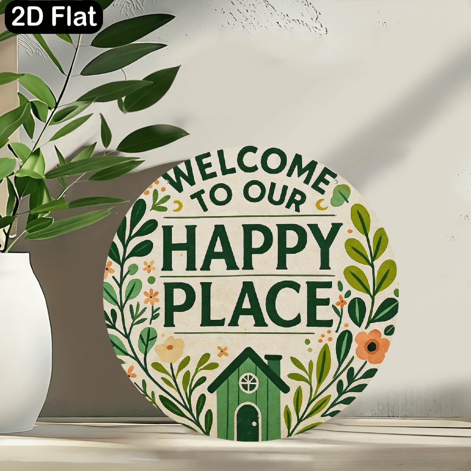 A round "Cottage with foliage and 'Welcome to Our Happy Place'" wooden ...