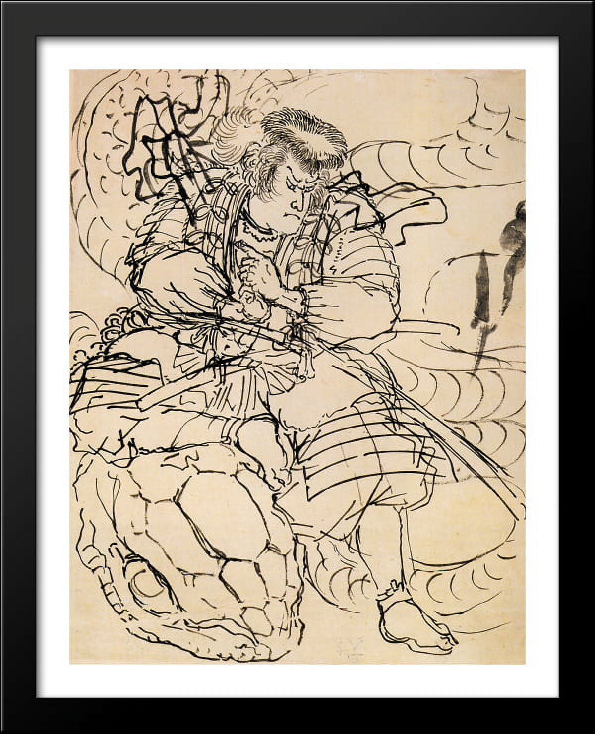 A samurai overwhelming a giant serpent 28x36 Large Black Wood Framed ...
