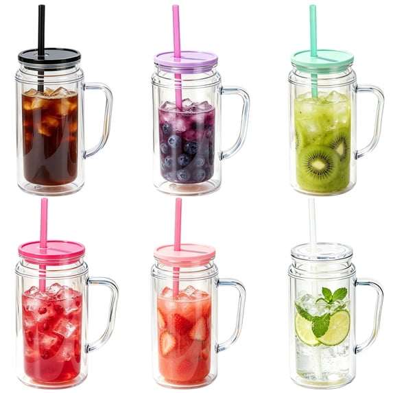(A set of 6) 16oz Double Wall Reusable PS Tumbler with Straw & Handle ...