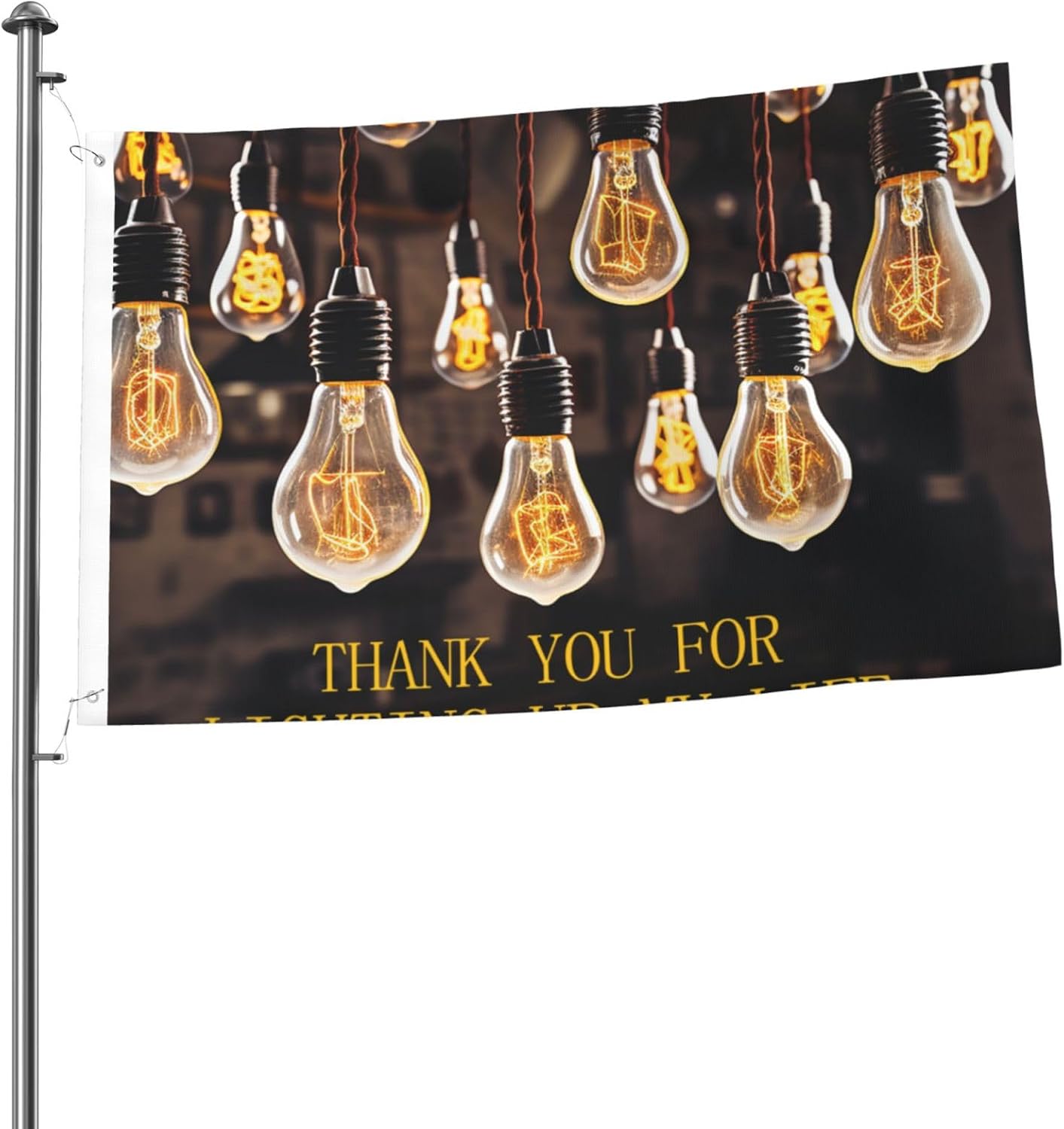 A set of light bulbs hanging with text Garden Flags Holiday Banner with ...