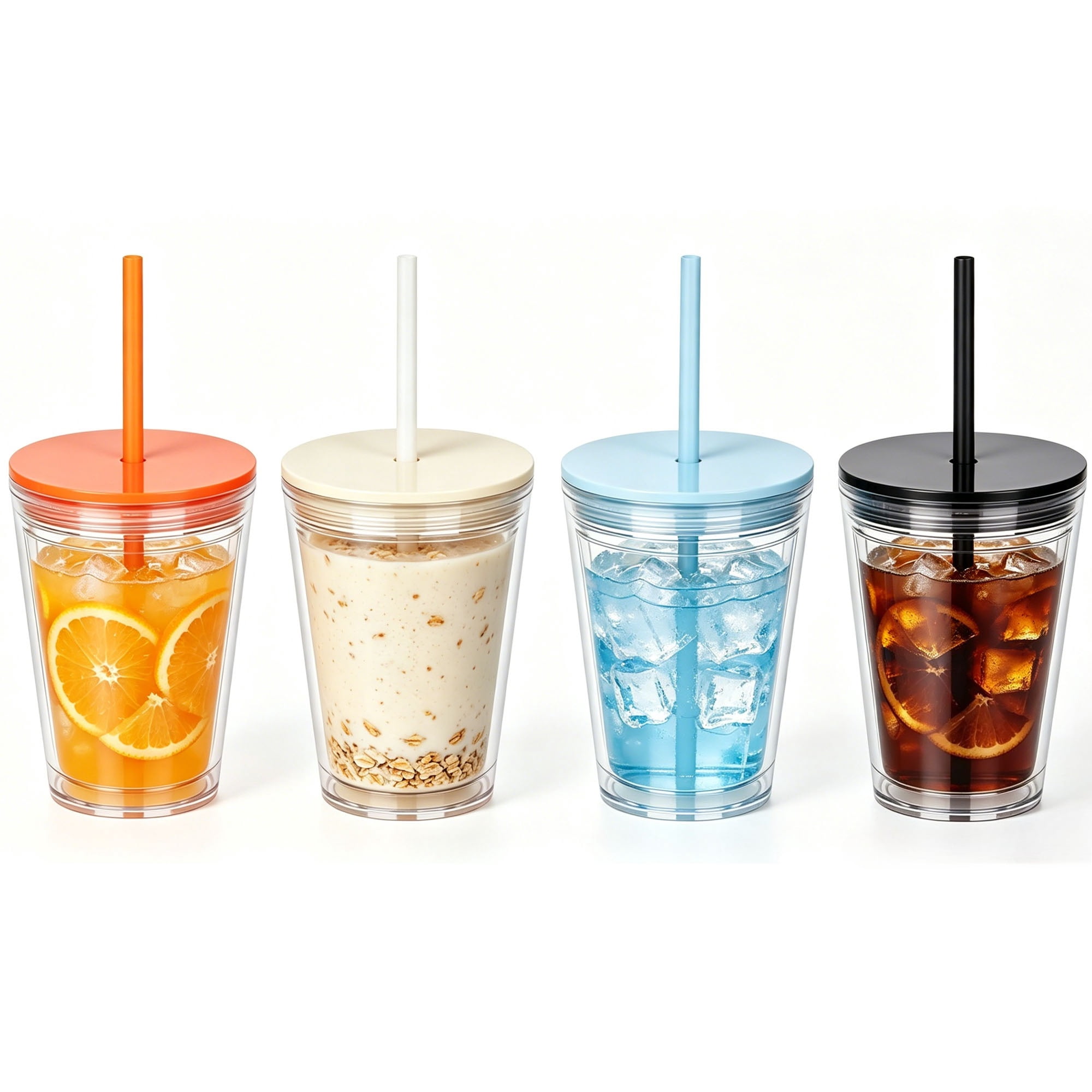 (A set of 4) 12oz Double Wall Reusable PS Plastic Cup with Straw & Lid ...