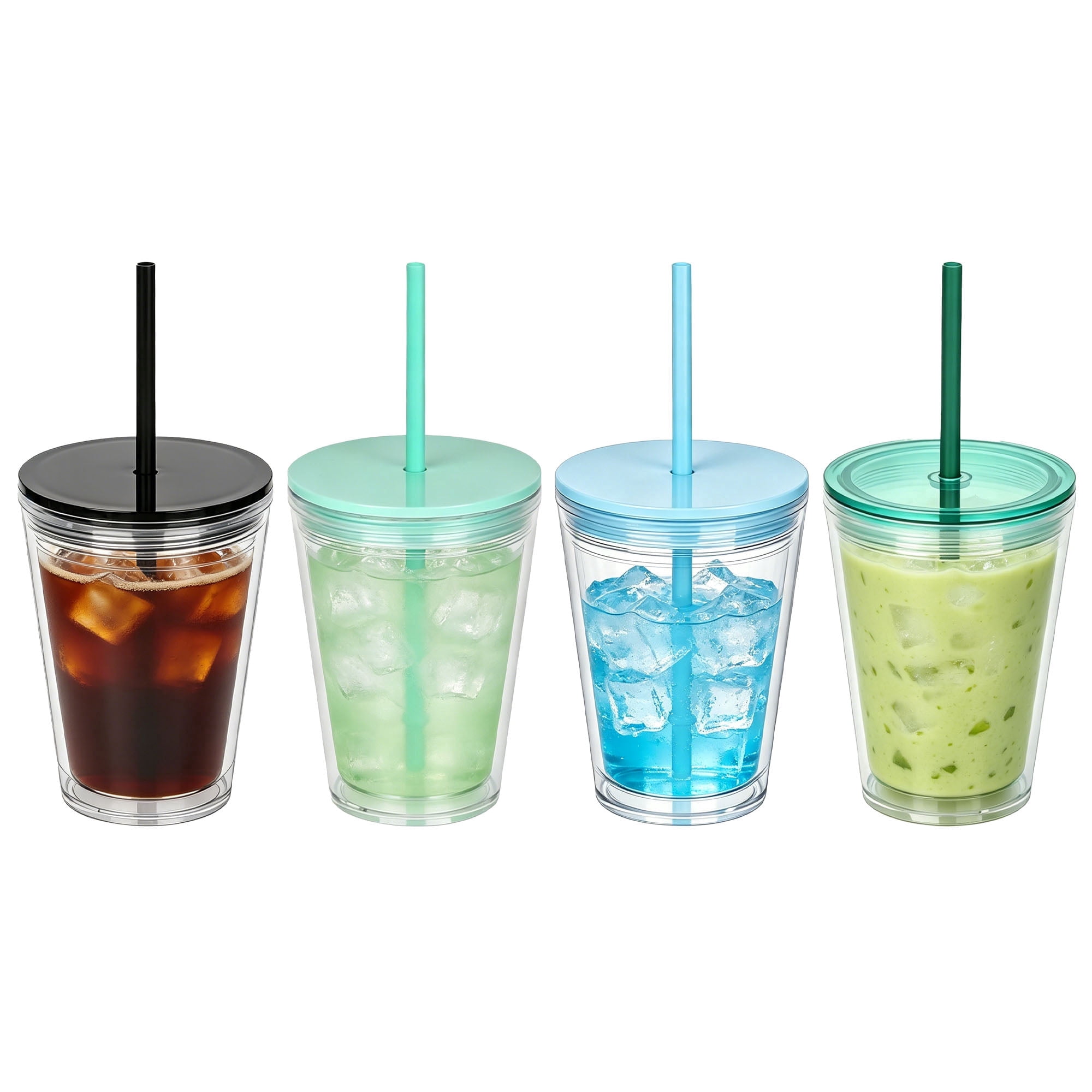 (A set of 4) 12oz Double Wall Reusable PS Plastic Cup with Straw & Lid ...