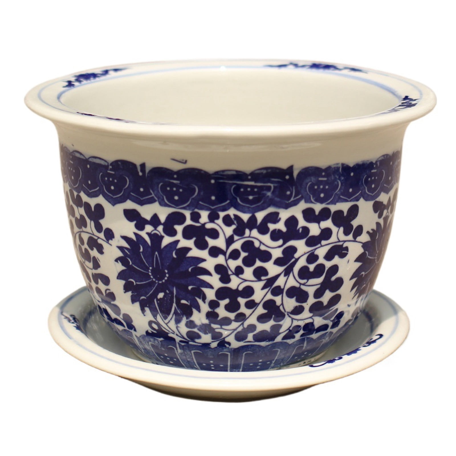 A set of blue and white porcelain flowerpot with base, round flowerpot ...