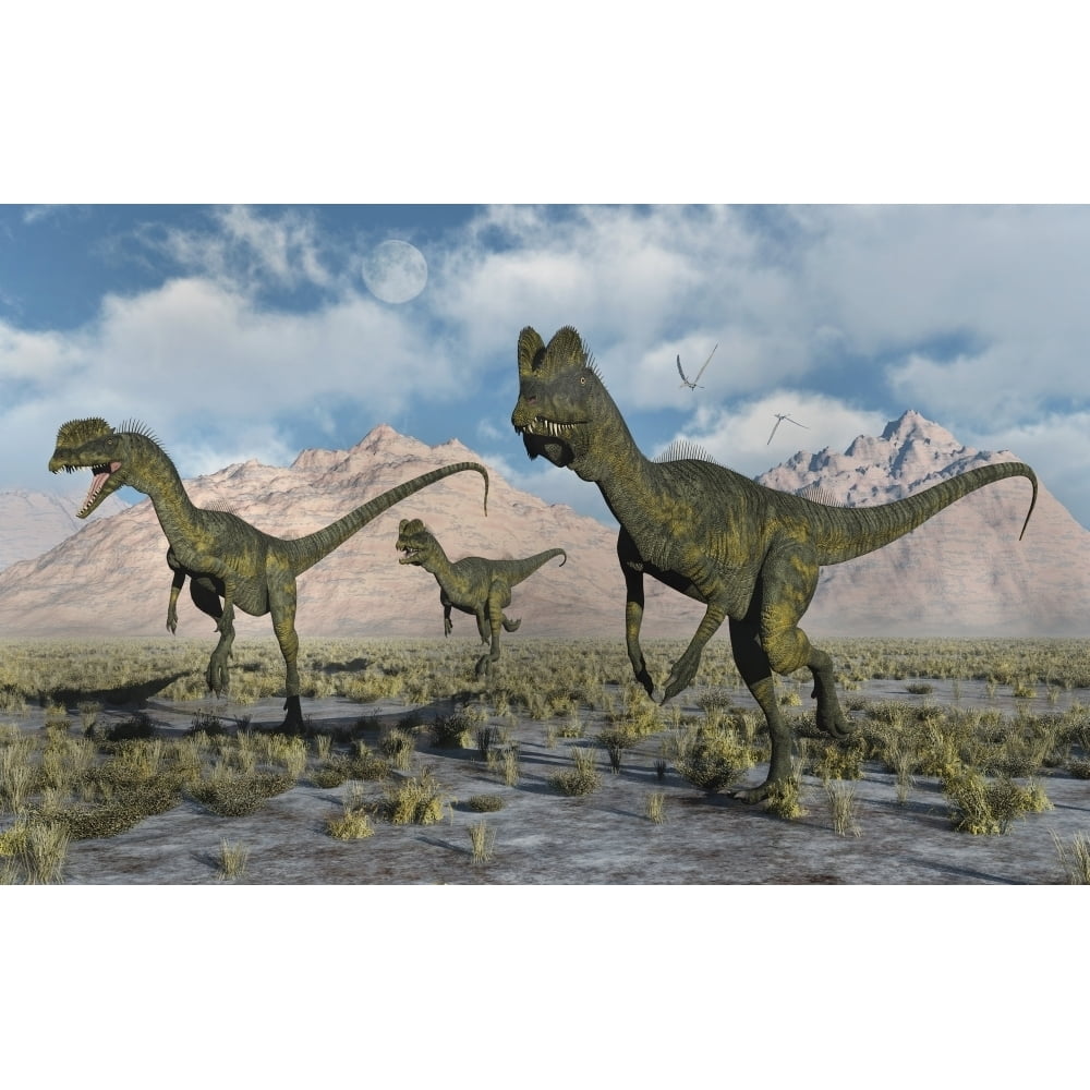 A small pack of Dilophosaurus dinosaurs during Earths Jurassic period ...