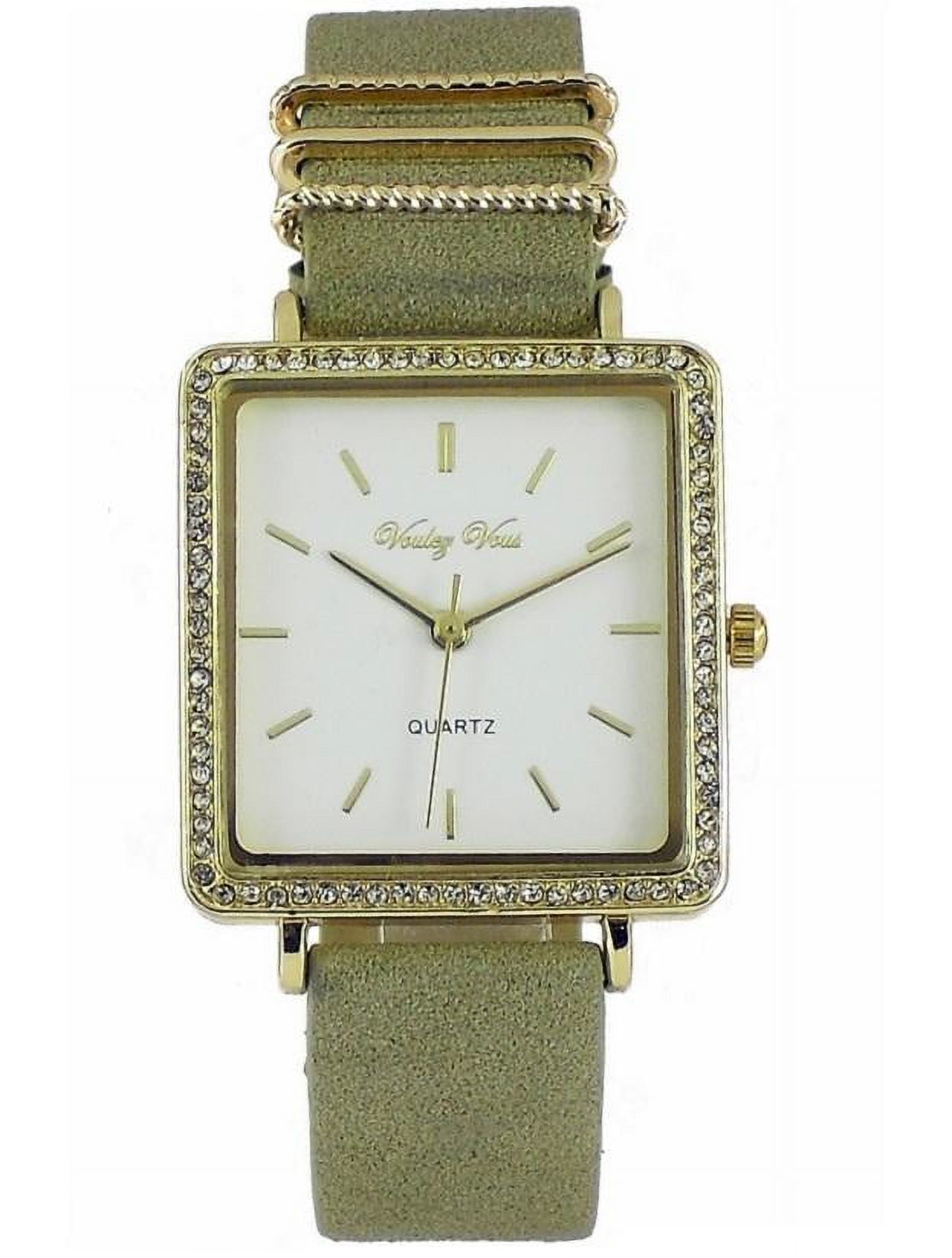 A square shaped watch with a simple index dial on a smooth suede band ...