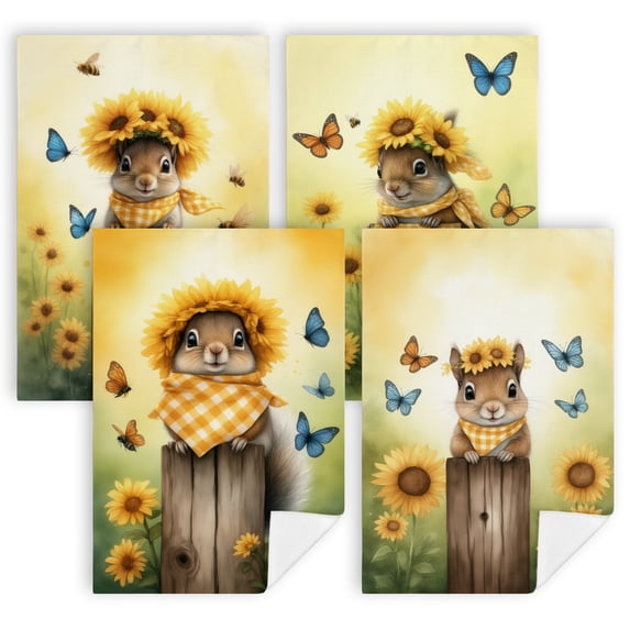 A squirrel sitting on top of a wooden post surrounded by sunflowersdish ...