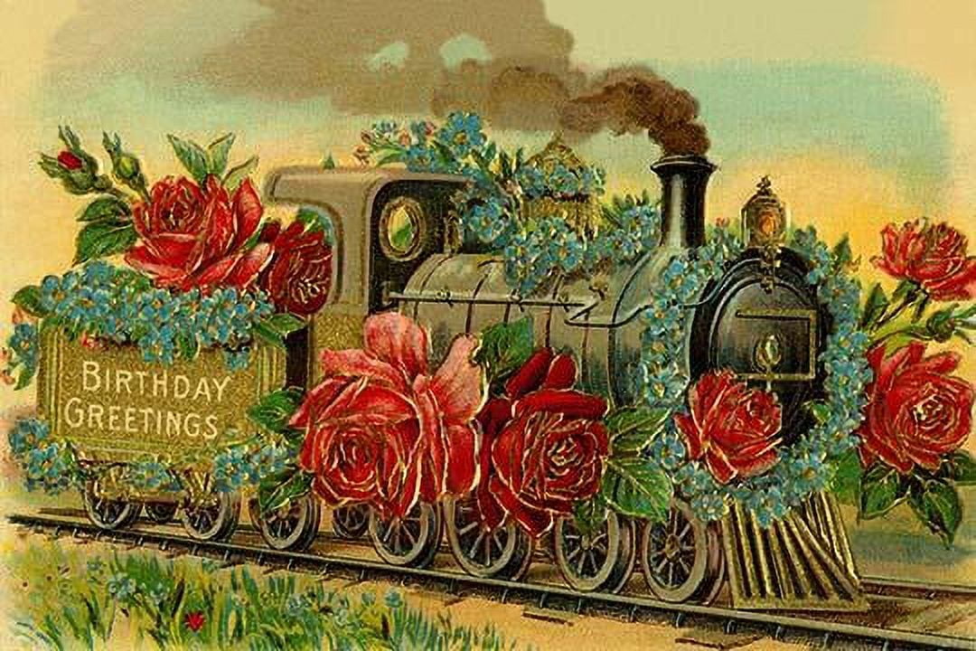 A steam engine bearing enormous red roses glides across the track ...