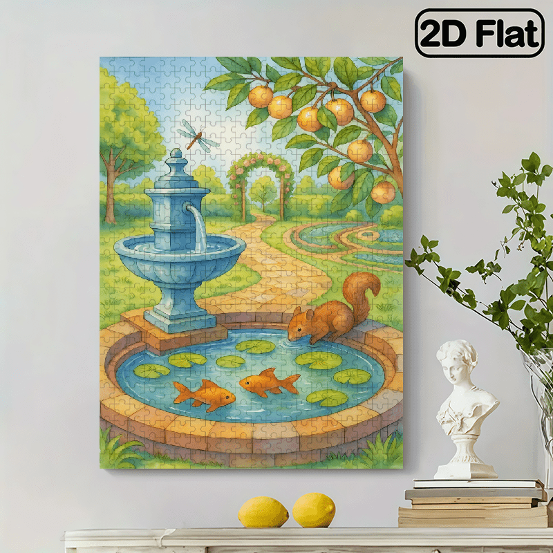 A vertical 500 - piece paper puzzle, themed "Garden Fountain Squirrel ...