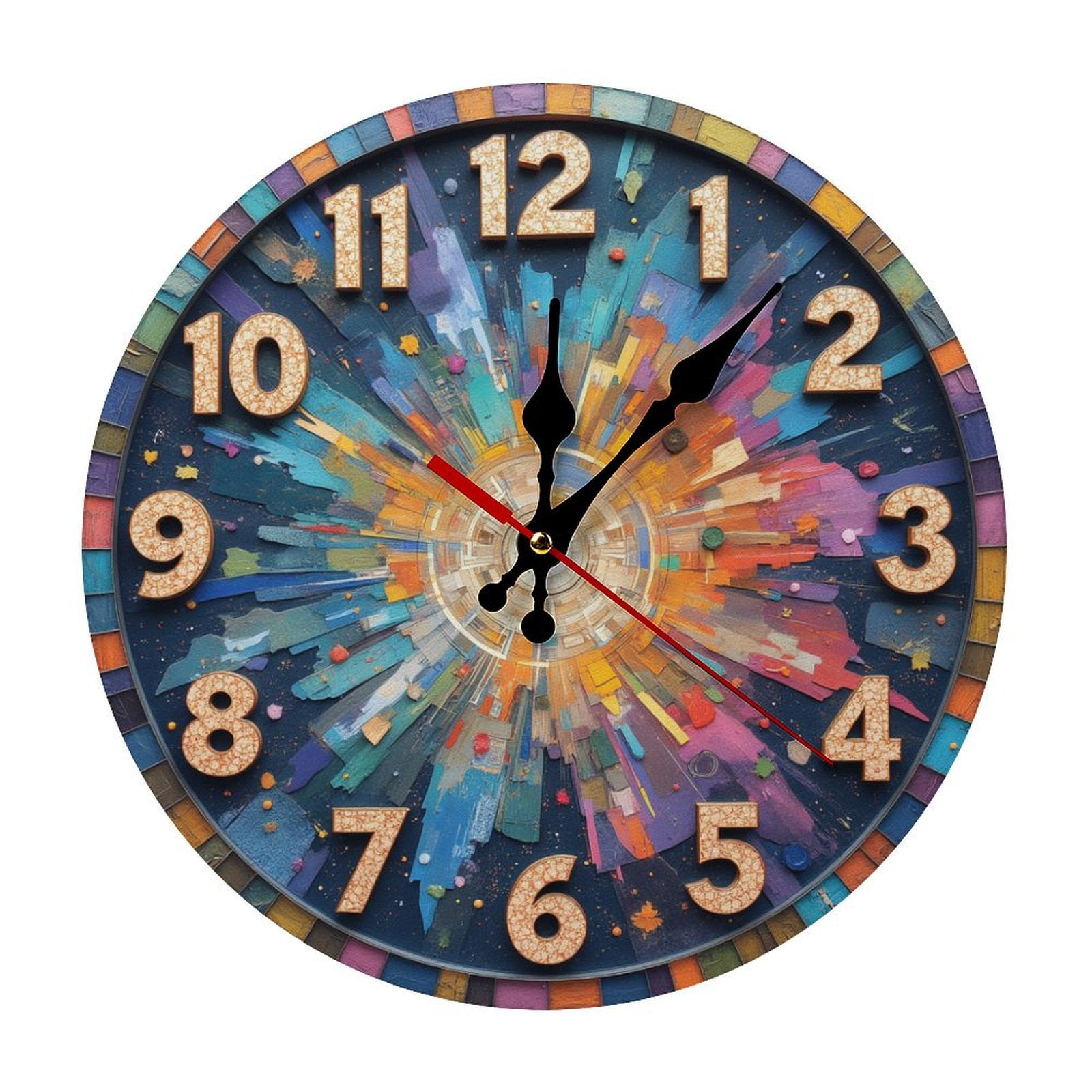 A vibrant, multicolored clock face with a circular, sun - inspired ...