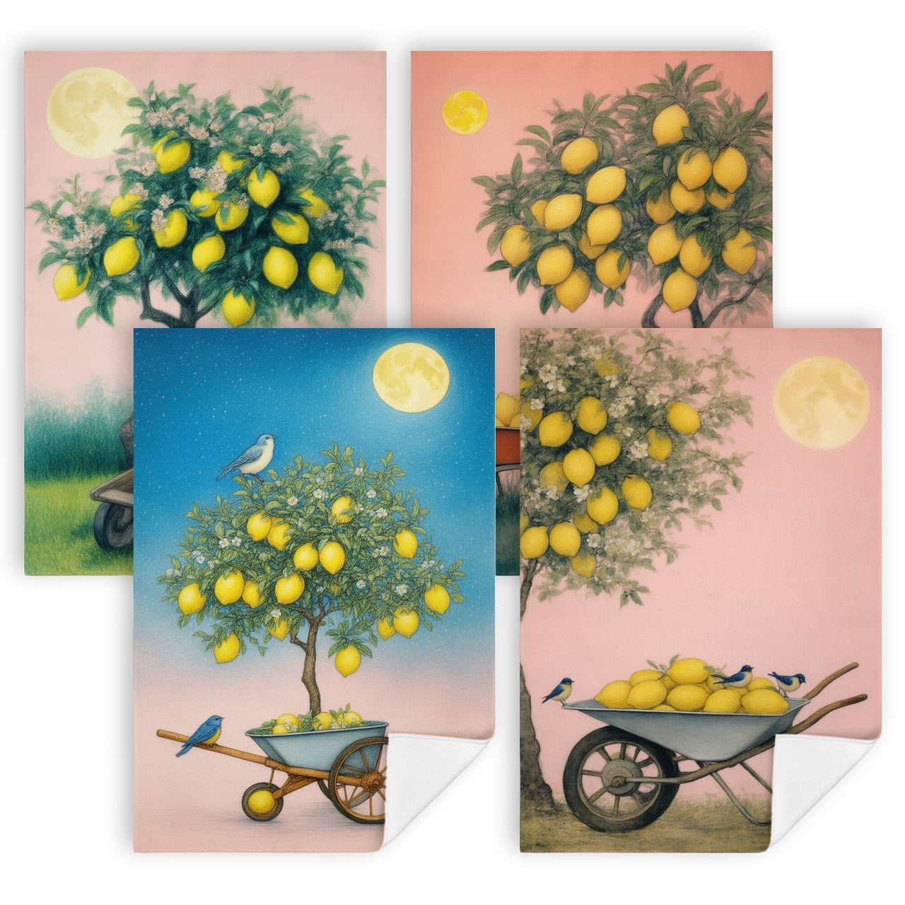 A wheelbarrow full of lemons under a tree with a full moon in the ...