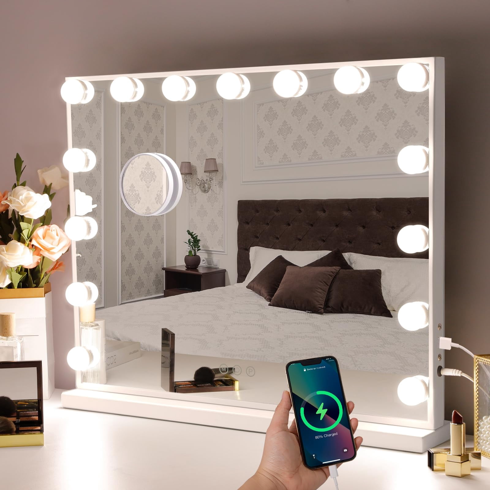A-white Lighted Vanity Makeup Mirror With 15 LED Bulbs 3 Color Modes ...