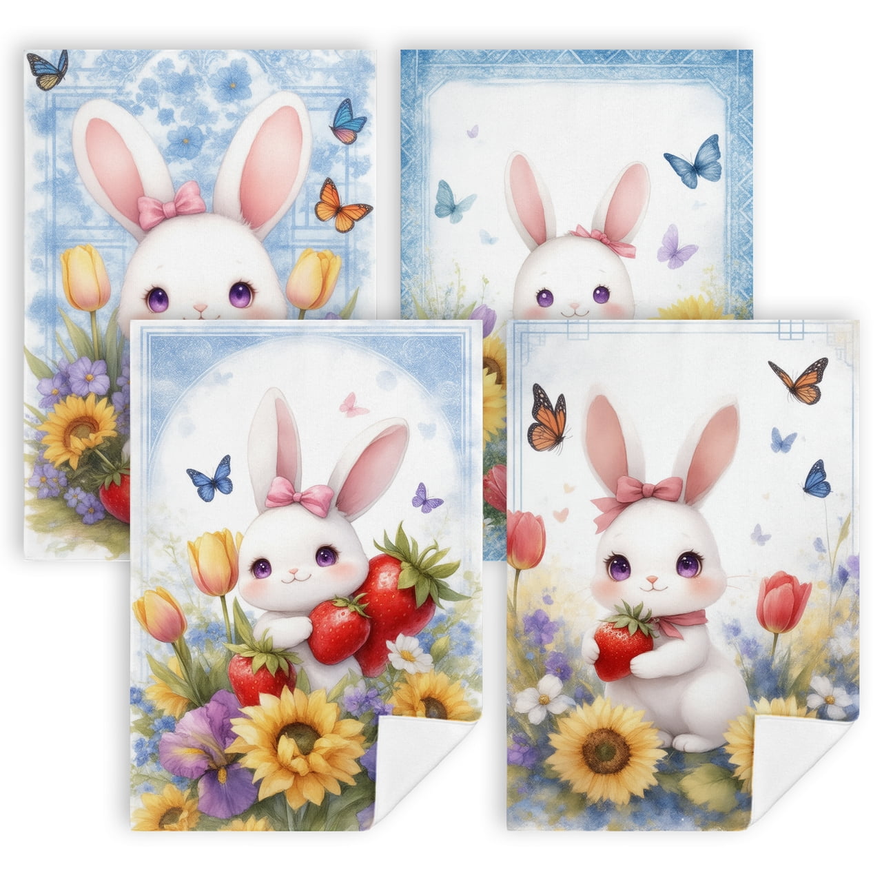 A white bunny holding a strawberry in a field of flowerstea towels4 PC ...