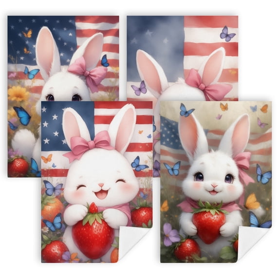 A white bunny holding a strawberry in front of an American flagtowels4 ...