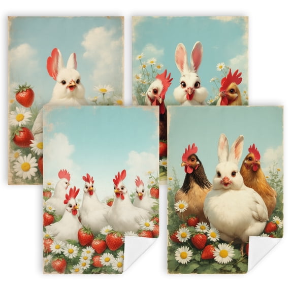 A white chicken sitting in a field of strawberries and daisiestoallas ...