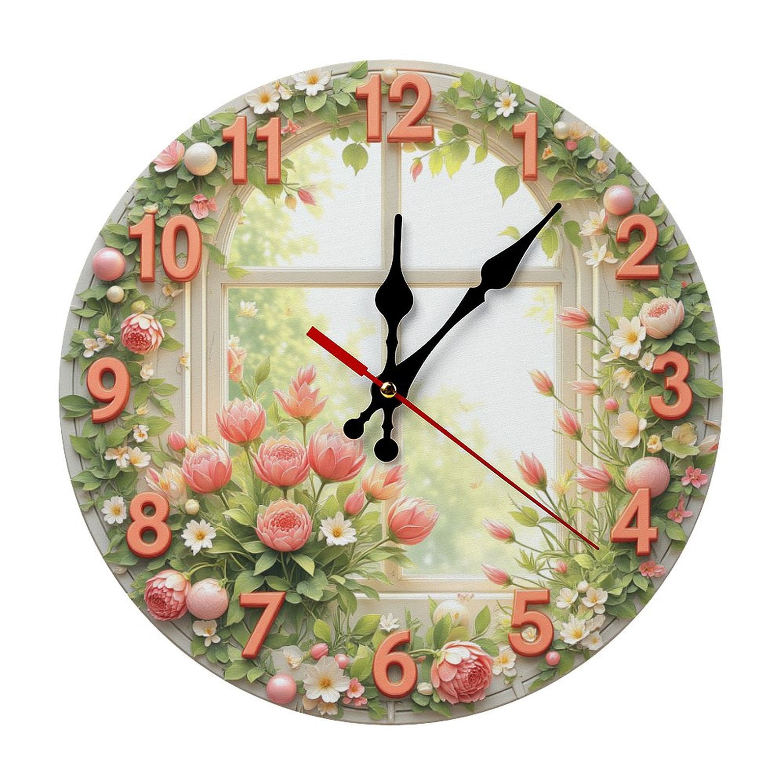 A window with a view of a sunlit garden filled with pink flowers, for a ...