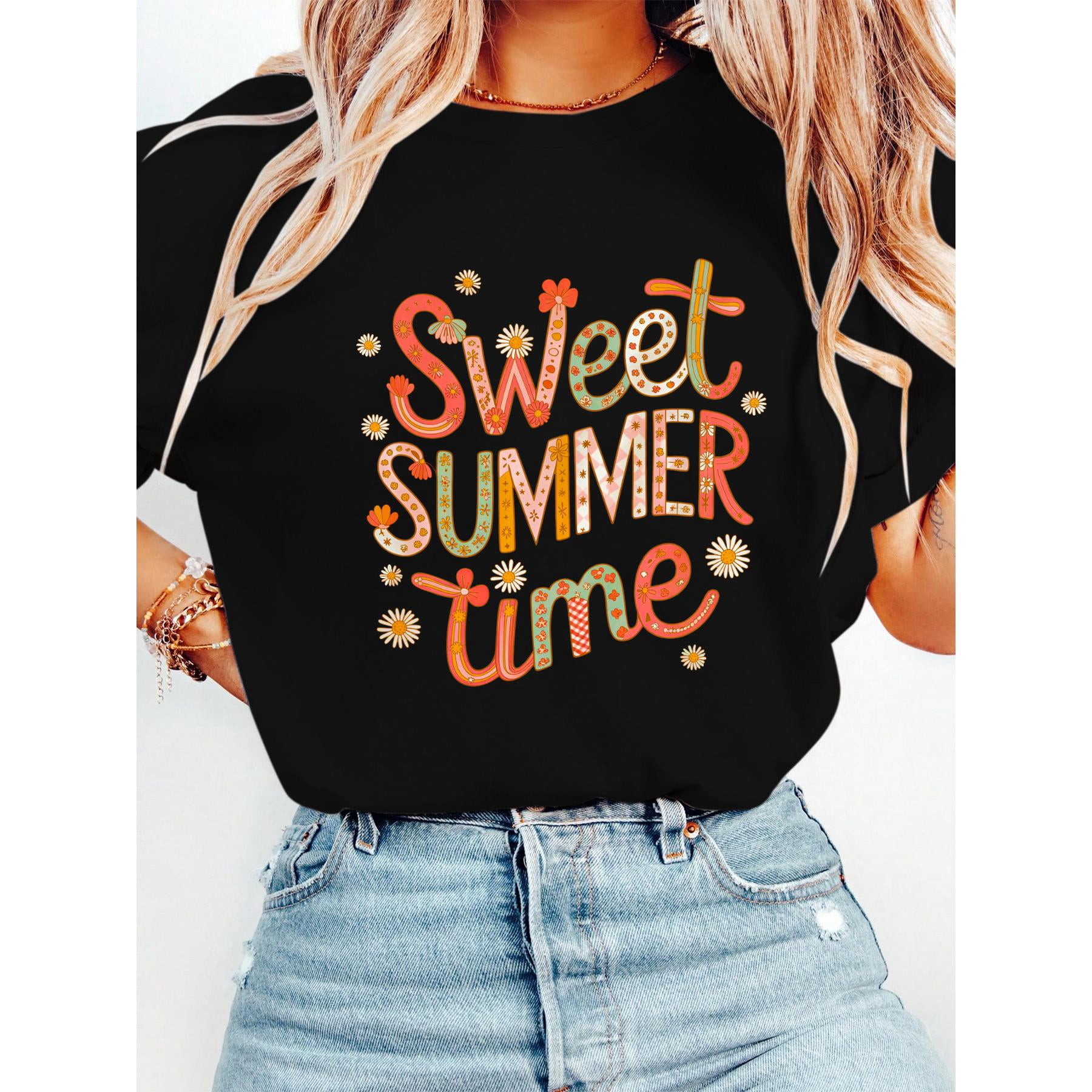 A women's T-shirt with short sleeves on the upper body, featuring ...
