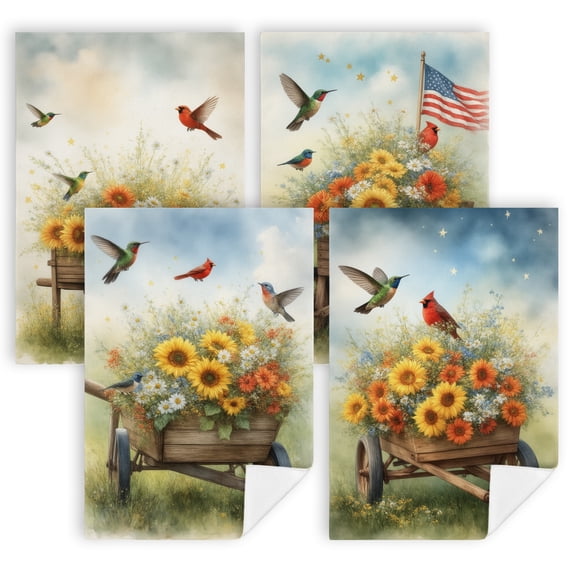 A wooden cart filled with sunflowers and birds flying aroundkitchen ...