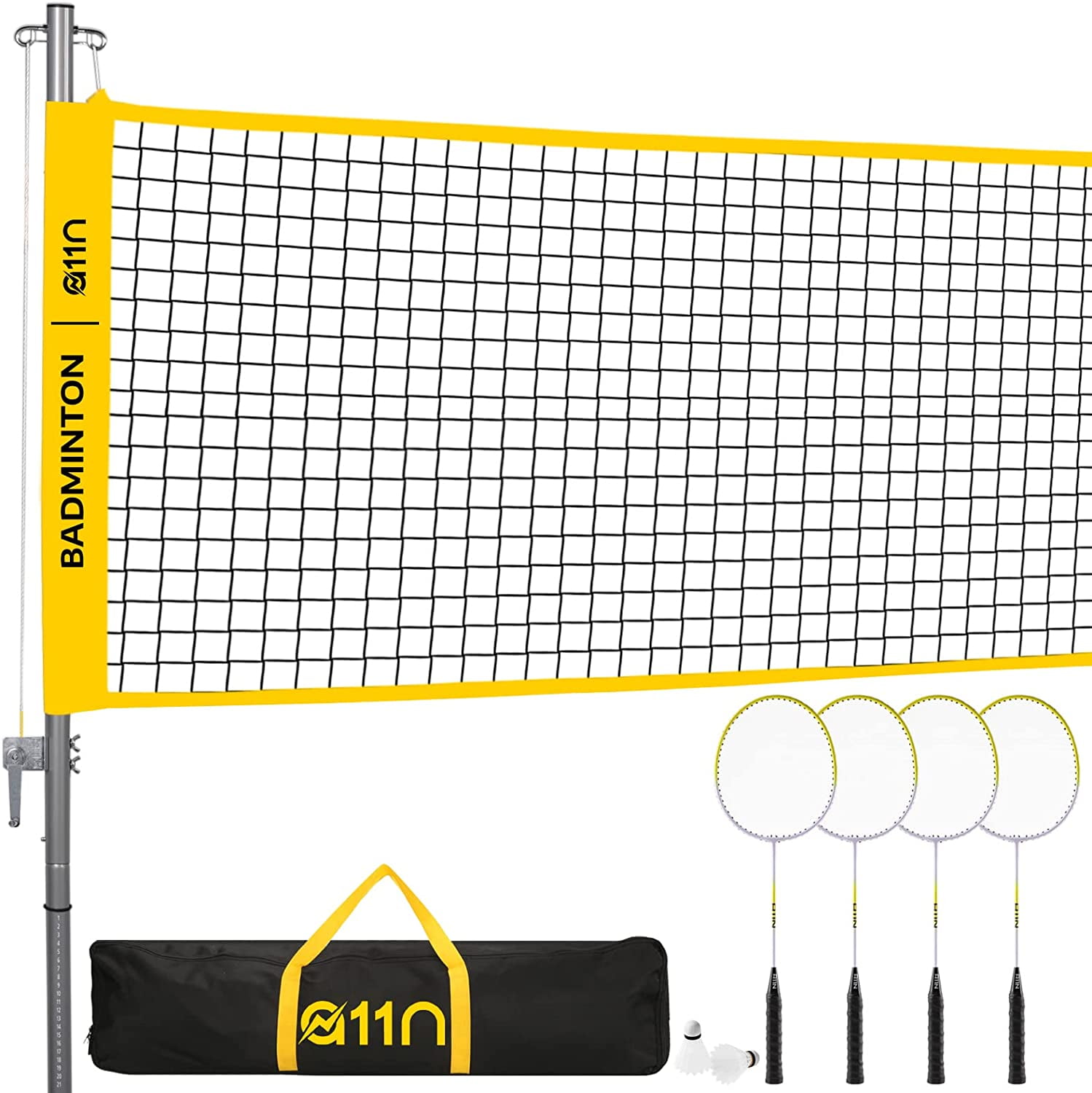A11N Outdoor Badminton Set - Includes Anti-Sag Net, 4 Rackets, 2 ...