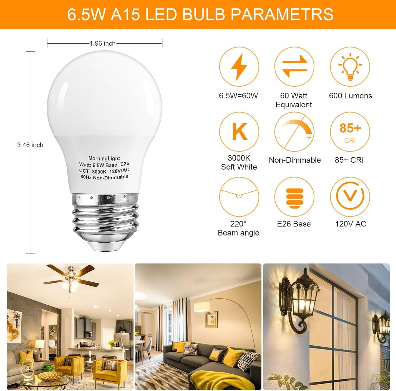 A15 LED Bulb 60Watt Equivalent, 3000K Soft White, 600 Lumens Bulb, E26 ...