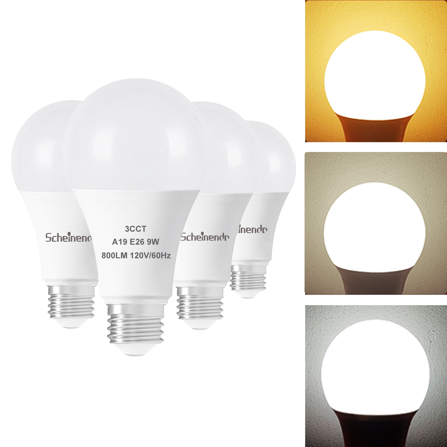 A19 3-Color LED Light Bulbs with Warm White, Daylight, Natural White ...