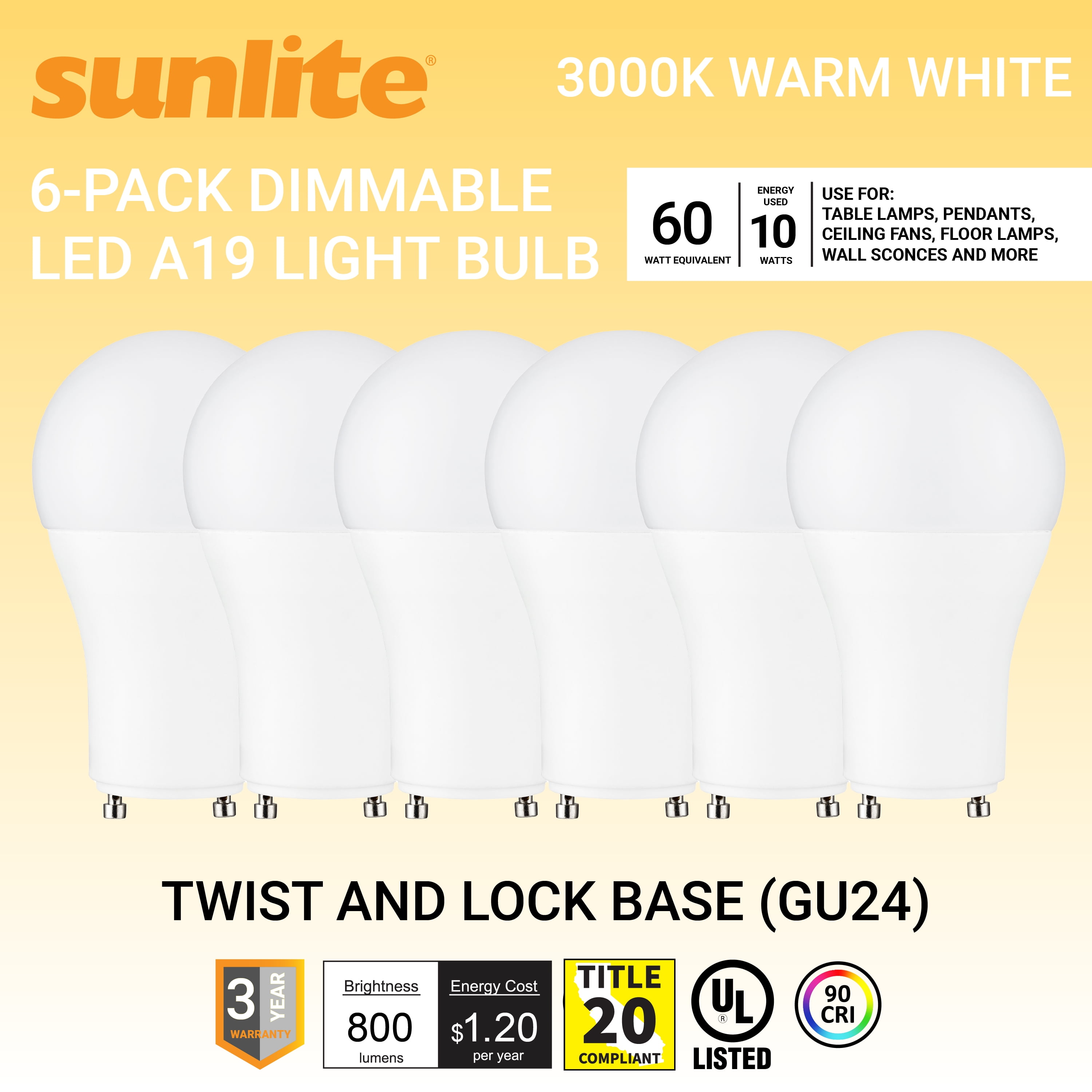 Sunlite LED A19 Light Bulb, 10 Watts (60W Equivalent), 800 Lumens, GU24 ...