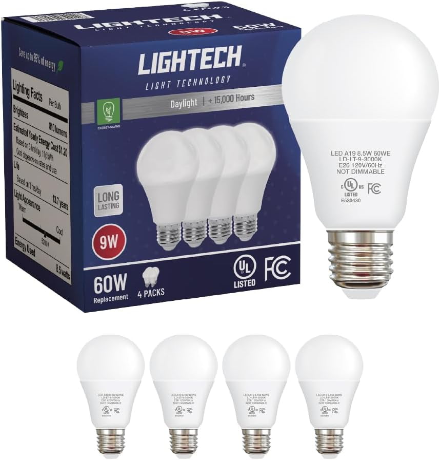 A19 LED Light Bulbs, 4 Pack, 60W Equivt, 9W Daylight 5000K Light Bulb ...