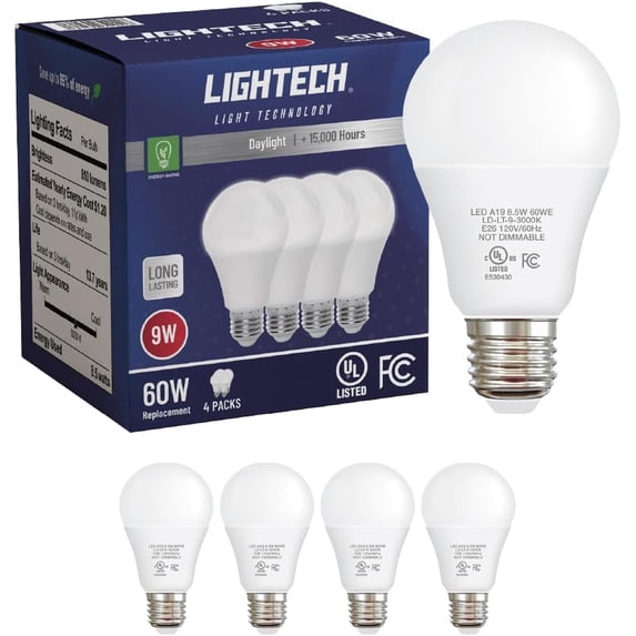 A19 LED Light Bulbs, 4 Pack, 60W Equivt, 9W Daylight 5000K Light Bulb ...