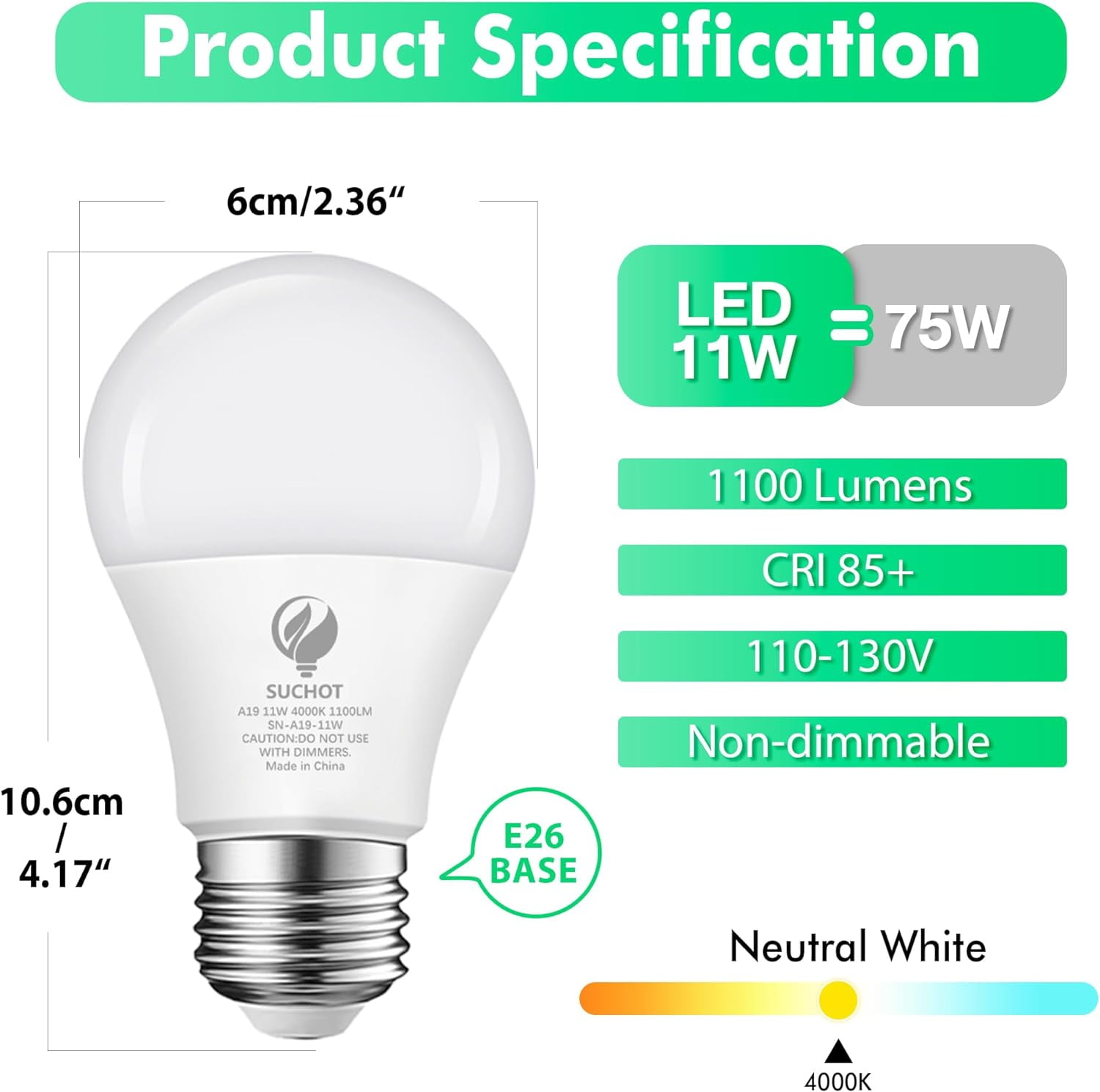 A19 Led Light Bulb, 75W Equivalent Led Bulb, 11W 4000K Neutral White ...