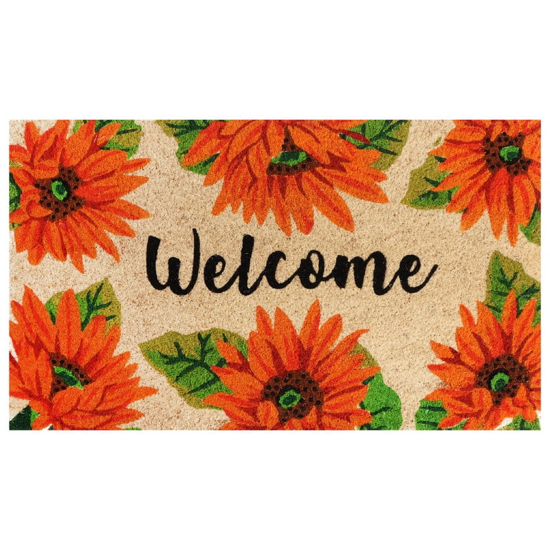 A1HC Natural Coco Coir Door Mat Orange Sunflower Doormat with Heavy Duty Non-Slip PVC Backing ...