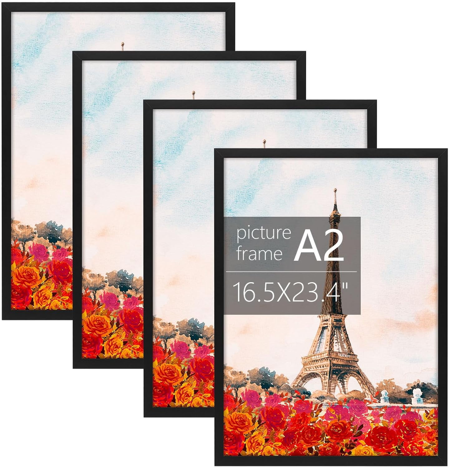 A2 Picture Frame 4 Pack, Solid Wood with Plexiglass, Black Poster Frame ...