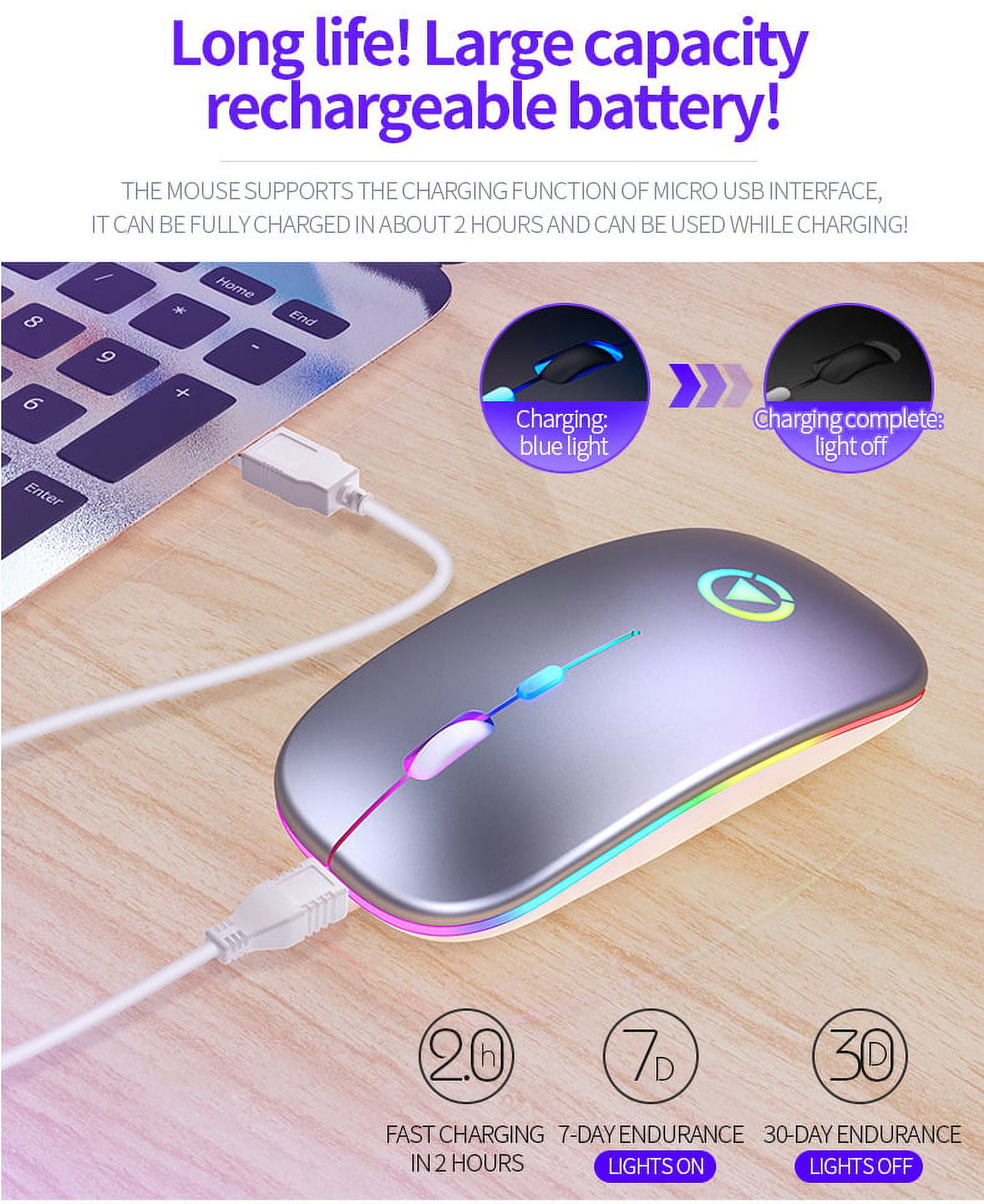 A2 Slim 2.4GHz Wireless Mouse Silent USB Mice Rechargeable RGB For PC ...