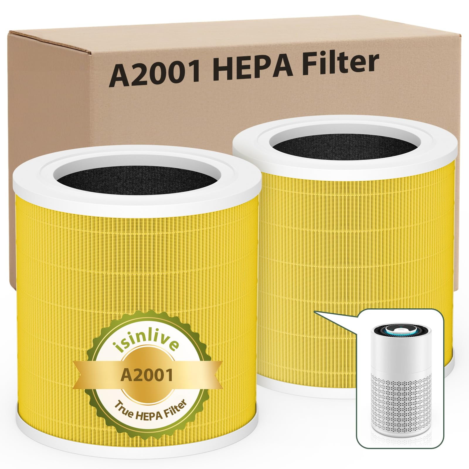 A2001 Air Purifier Replacement Filter, 3-in-1 H13 True HEPA with Activated Carbon, Compatible ...