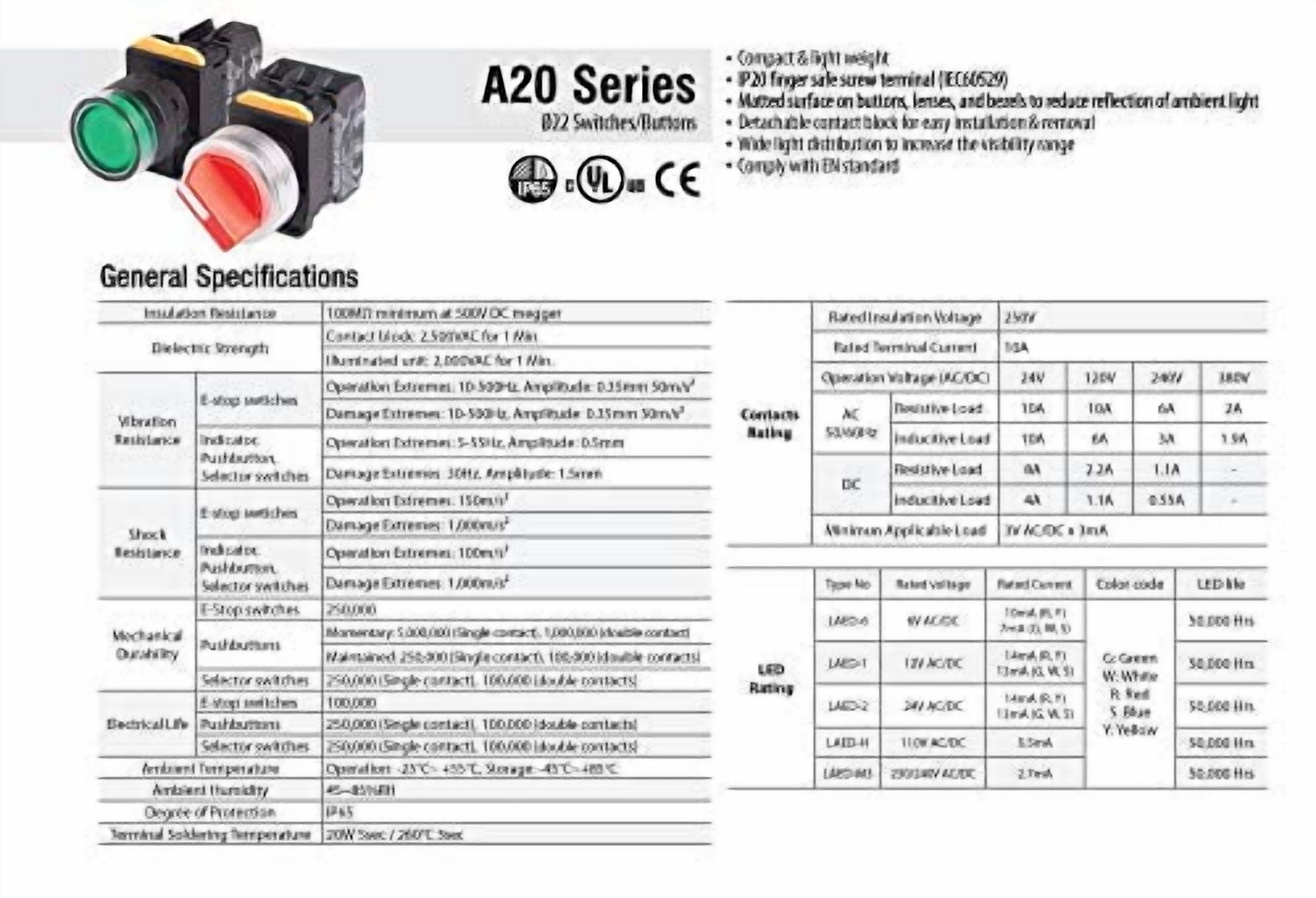 A20F-31E20Q3W, 22mm Selector Switch, 3 Positions, Illuminated, Spring ...