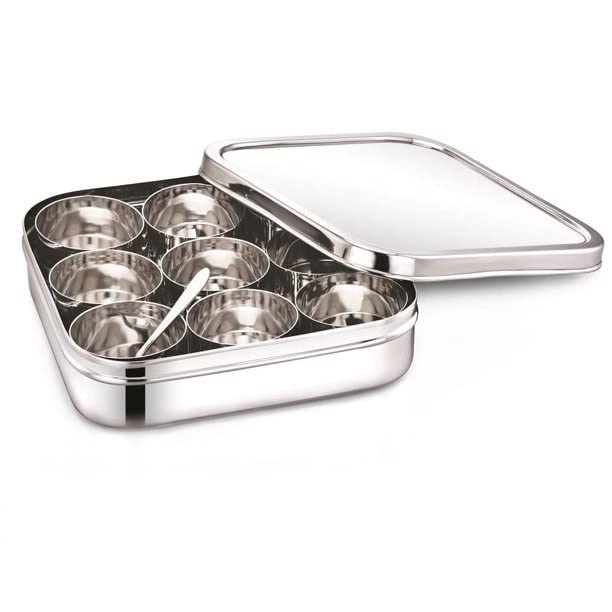 A2S Stainless Steel Square Shape Masala Box Masala Dabba with Nine Cups ...