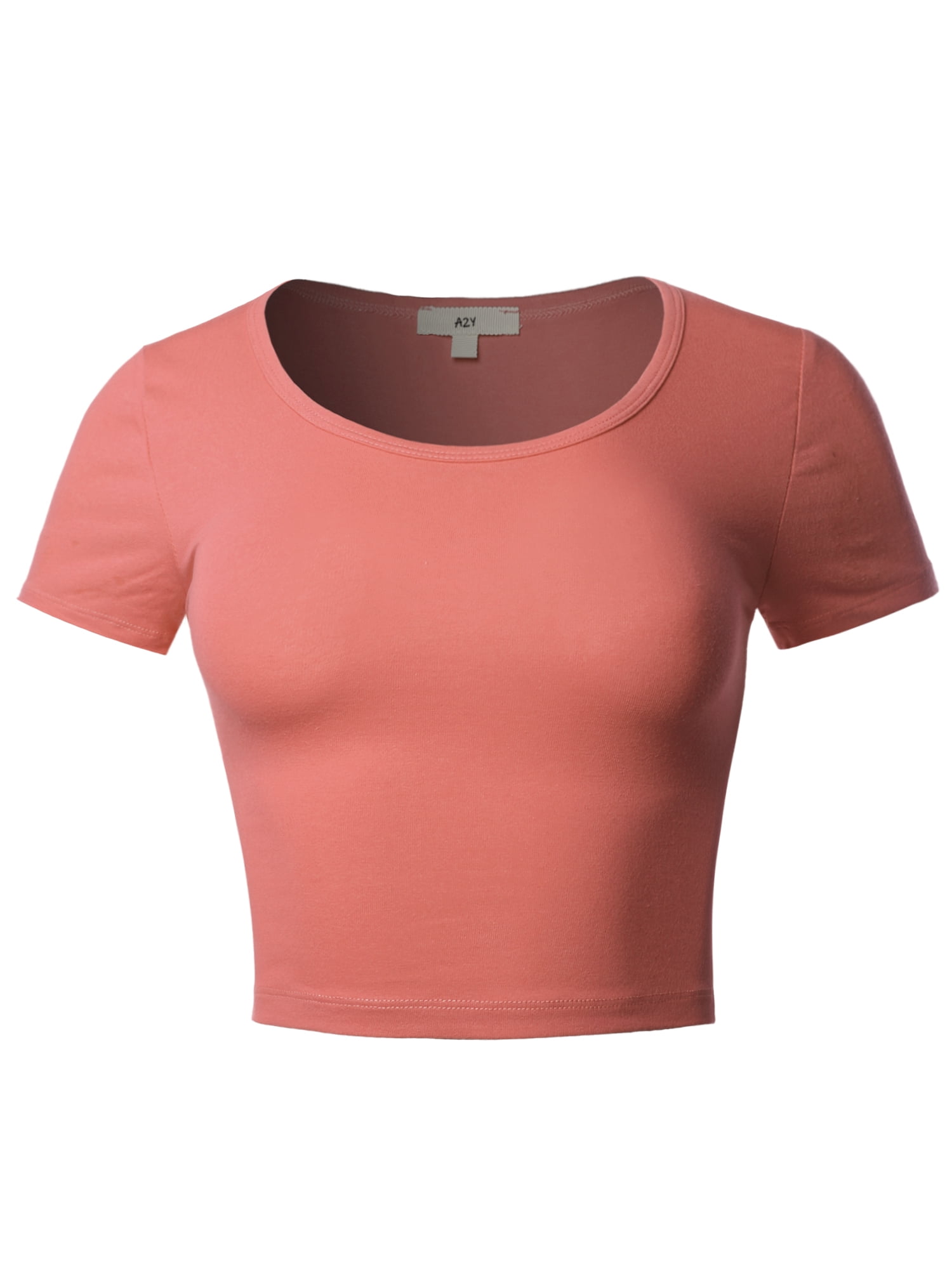 A2Y Women's Basic Cute Scoop Neck Cotton Short Sleeve Crop Top Ash Rose ...